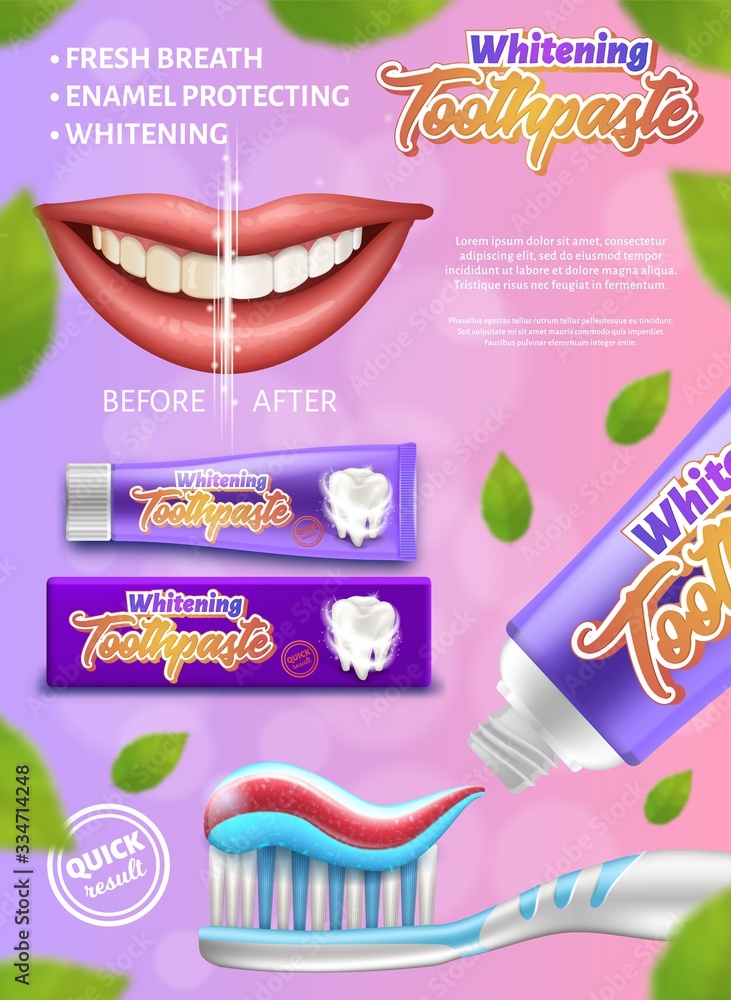 Advertising poster showing a whitening toothpaste concept. Realistic ...