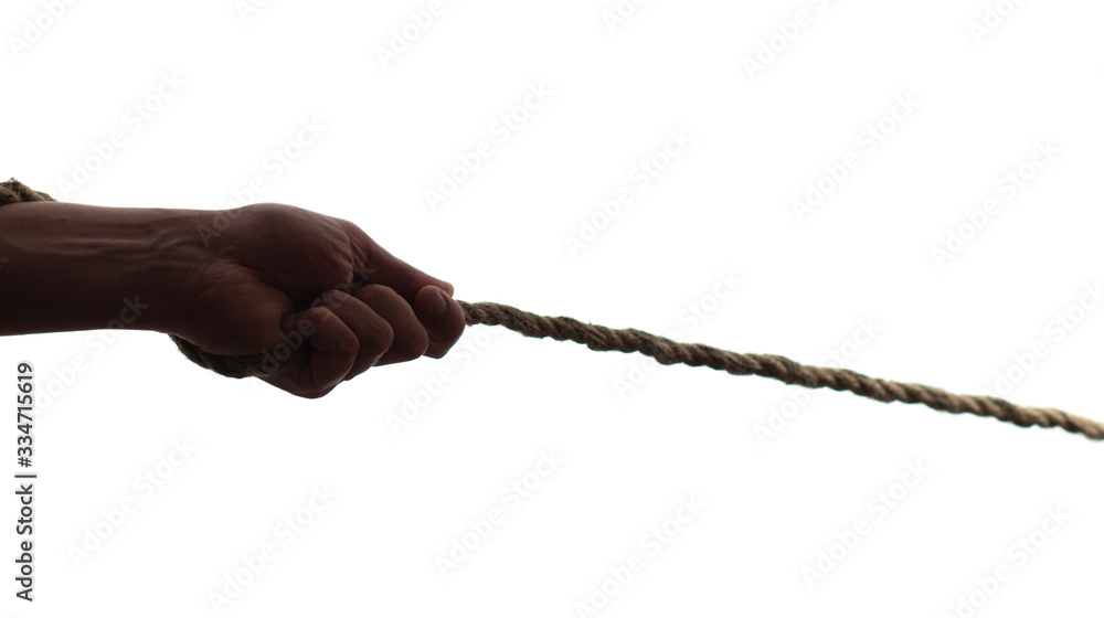 silhouette man hand pulling a rope tug of war on isolated white ...