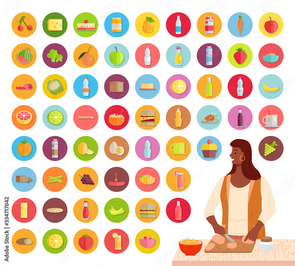 Female character cooking food, set of ingredients. Collection of meals ...