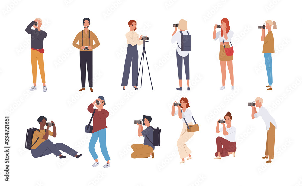 Set of various photographers holding photo camera and photographing ...