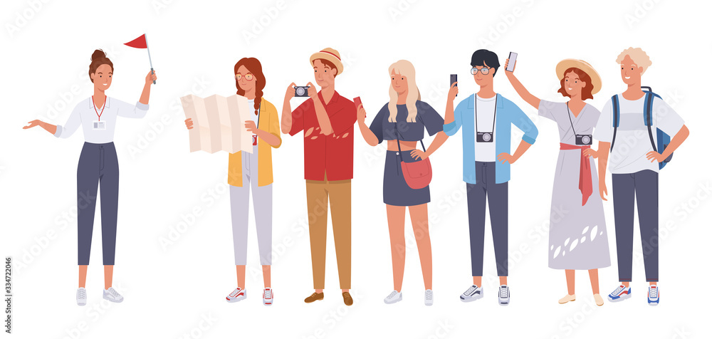 Tour guide lady and group of tourists. Vector illustration in a flat ...