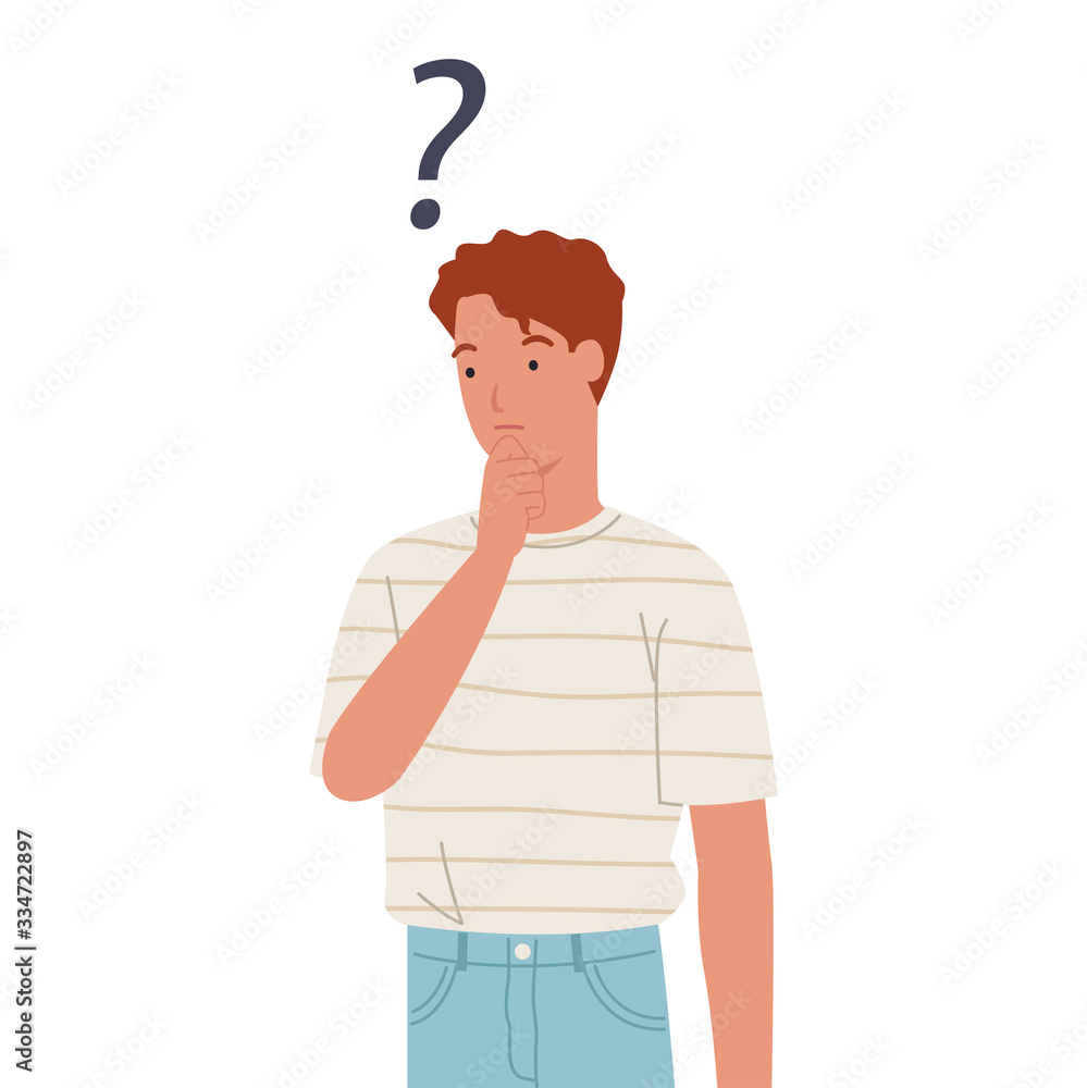 Young man thinking with question mark. Vector illustration in a flat ...