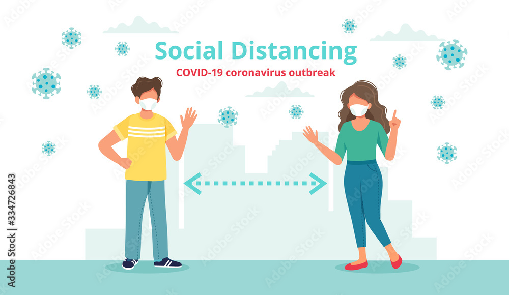 Social distancing concept with two people at a distance waving to each ...