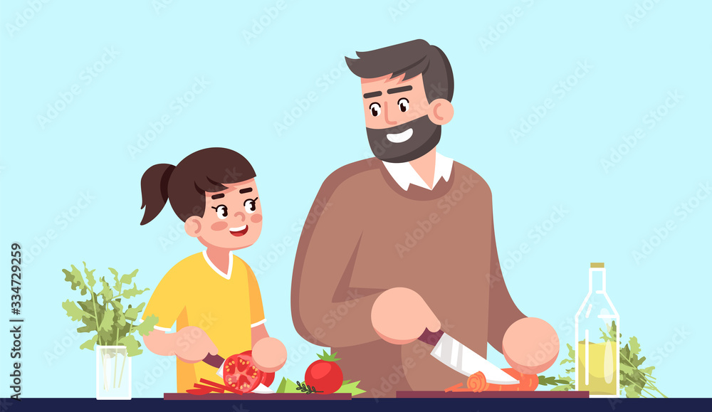 Father and daughter cooking together semi flat RGB color vector ...