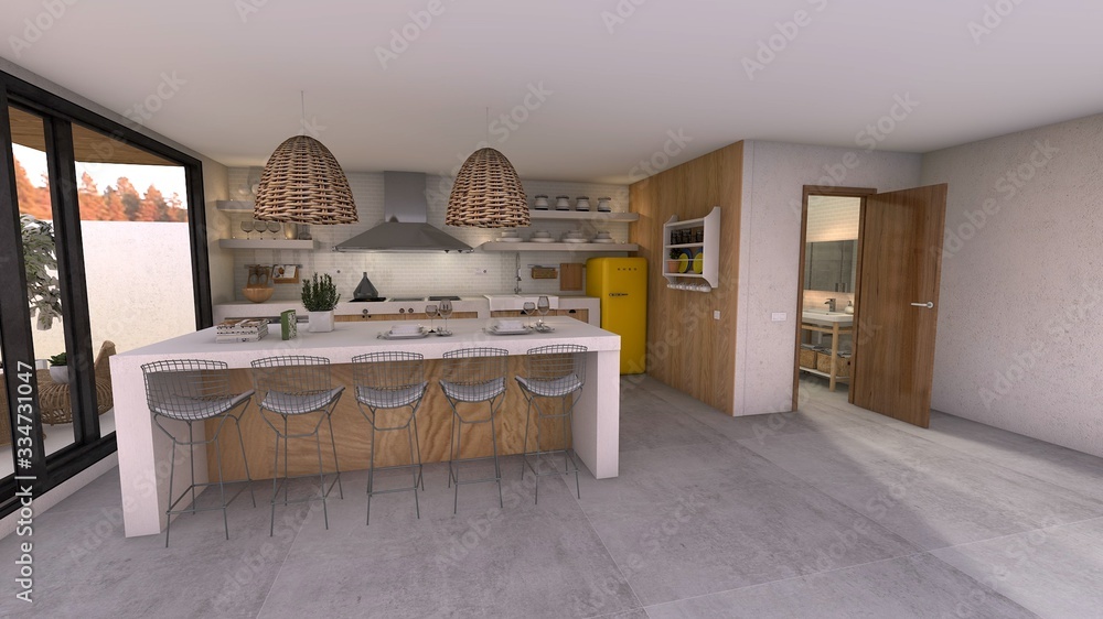 COCINA CON ISLA . RENDER 3D Stock Illustration | Adobe Stock