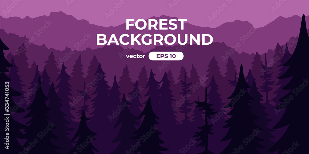 Seamless forest landscape. Colorful silhouette with trees, pines, firs ...