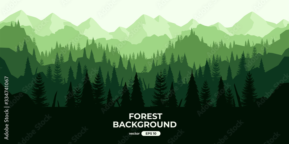 Seamless forest landscape. Colorful silhouette with trees, pines, firs ...