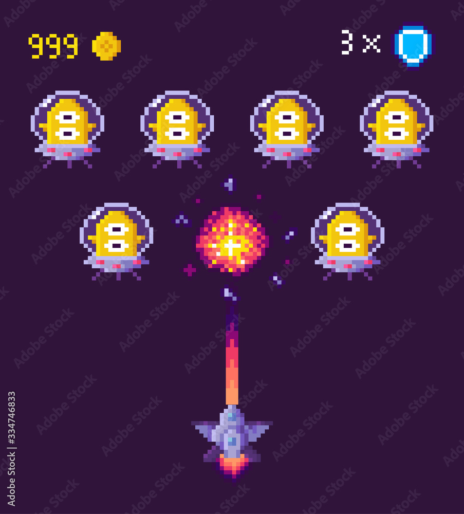Spaceship and aliens fight pixel game vector. Pixelated characters and ...
