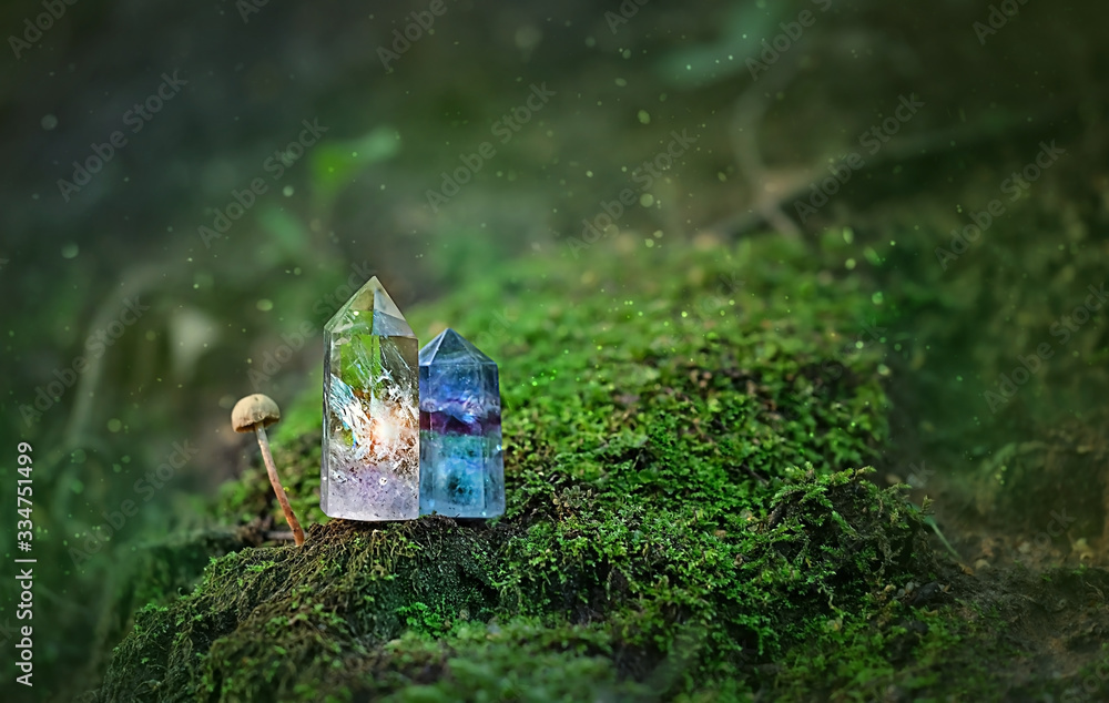 gemstones crystal minerals on nature mysterious forest background ...