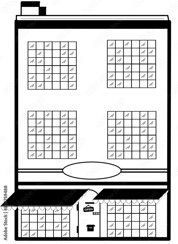 line drawing house, black and white building hand draw with details and ...