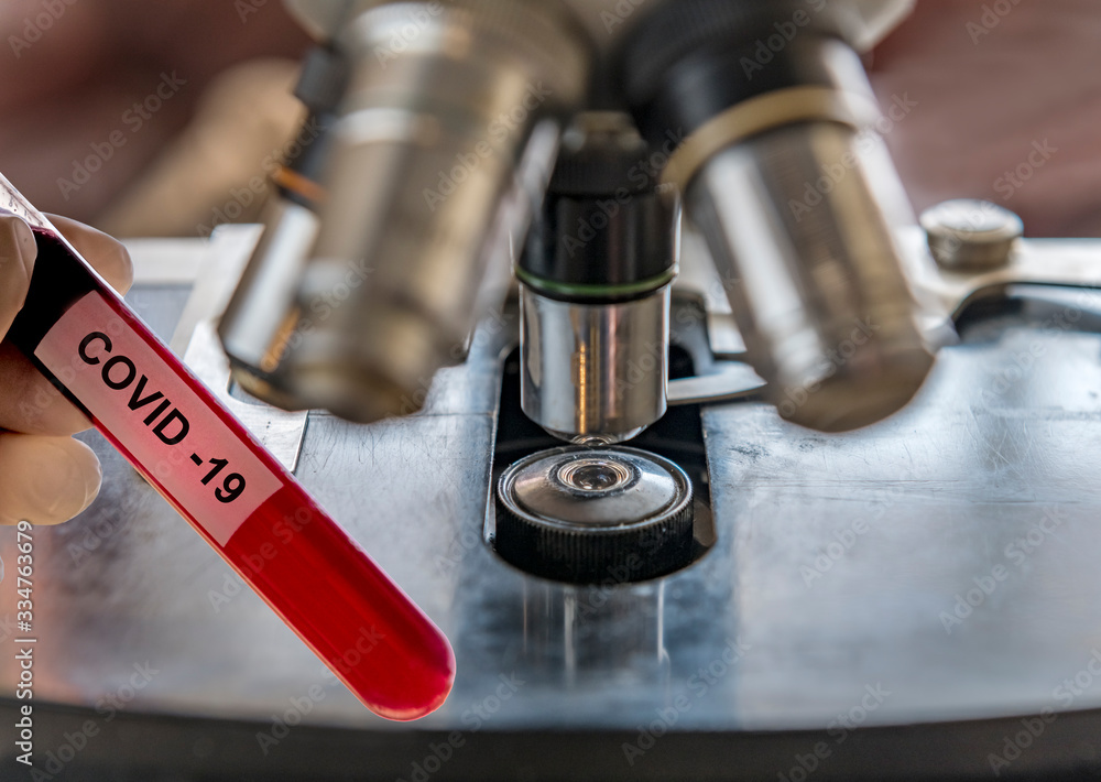 Protective gloves holding COVID-19 or CoronaVirus test tube for blood ...