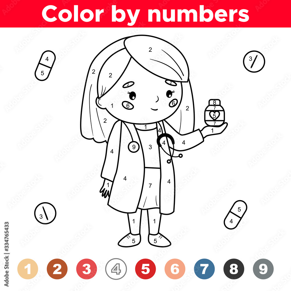 Number coloring page for children. Cute cartoon kawaii doctor with ...