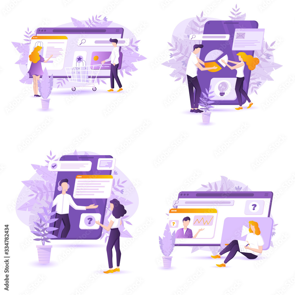 Modern flat vector set of 4 illustrations for online services use ...