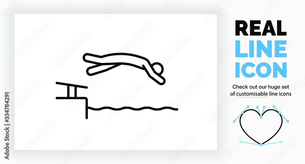 Editable real line icon of a stick figure person diving in the water ...