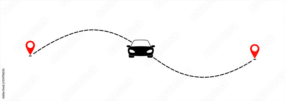 Car line path of car route with start point GPS and black dash line ...