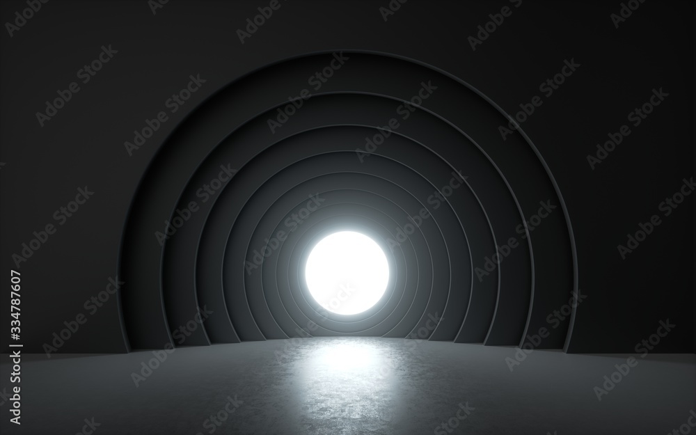 3d render, white light shining through small round window in the black ...