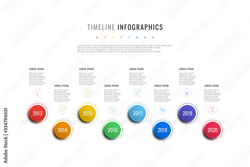 horizontal timeline infographic with round elements, year indicators ...