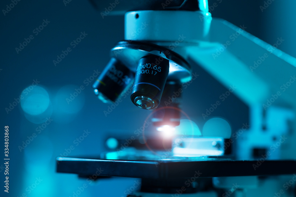 Close-up of scientific microscope. Laboratory in hospital. Epidemic ...