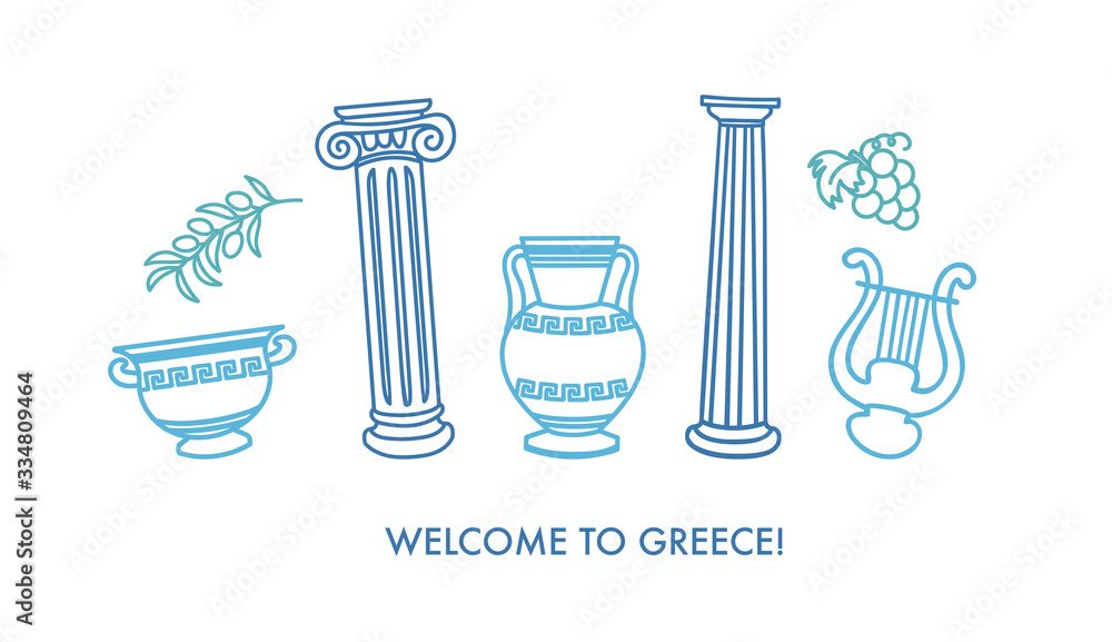 Welcome to Greece. Card design with famous Greek symbols. Hand drawn ...