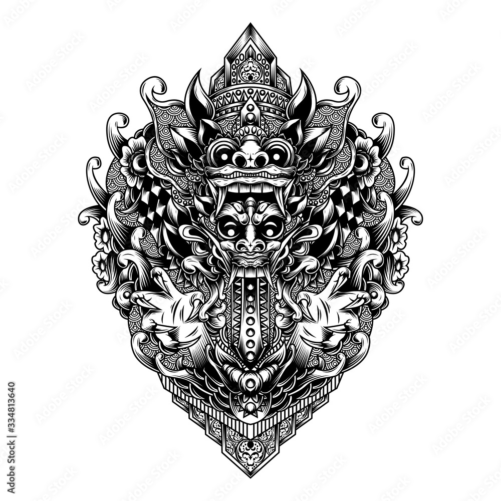 Barong x Rangda. Traditional Balinese mask rituals. Vector outline ...