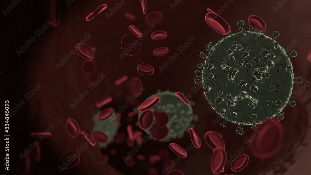 microscopic 3D rendering view of virus shaped as symbol of angry inside ...