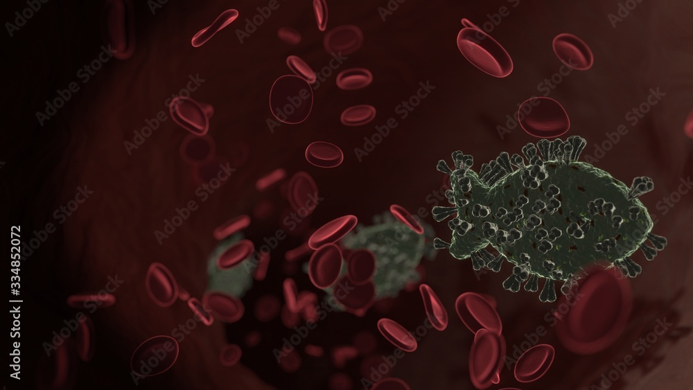 microscopic 3D rendering view of virus shaped as symbol of fish inside ...