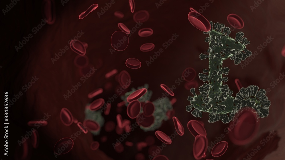 microscopic 3D rendering view of virus shaped as symbol of golf inside ...