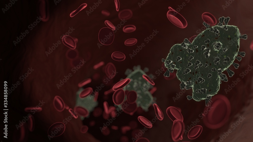 microscopic 3D rendering view of virus shaped as symbol of rocket ...