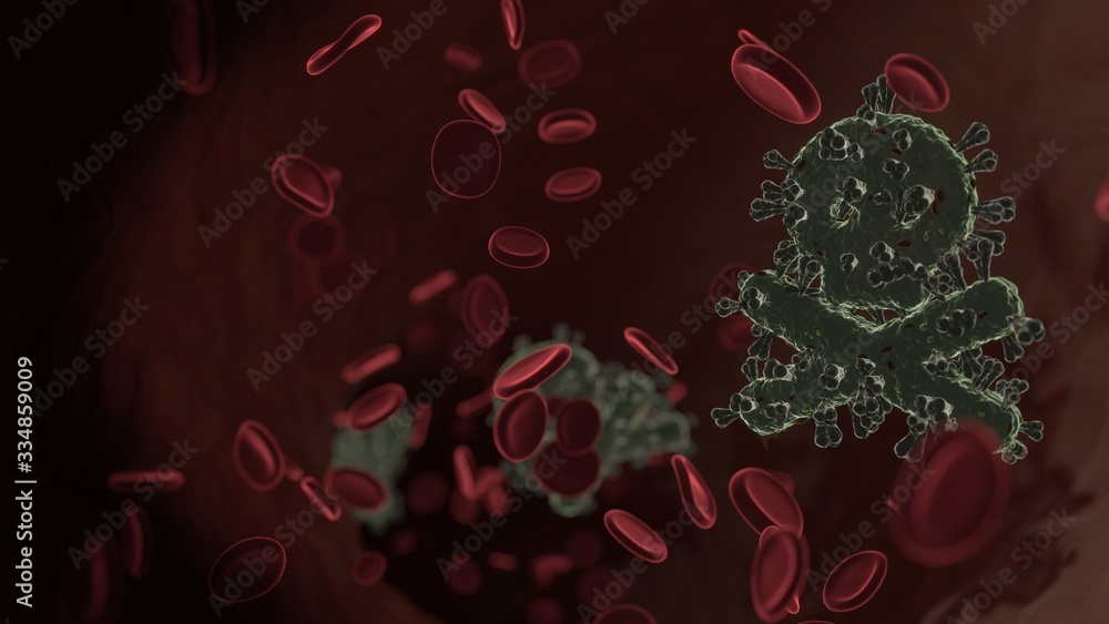 microscopic 3D rendering view of virus shaped as symbol of skull ...