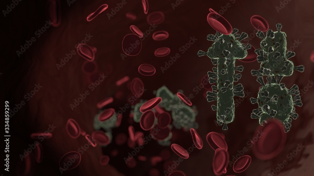 Microscopic 3d Rendering View Of Virus Shaped As Symbol Of Sort Numeric Up Inside Vein With Red
