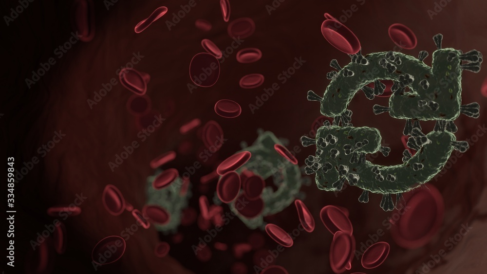 microscopic 3D rendering view of virus shaped as symbol of sync inside ...