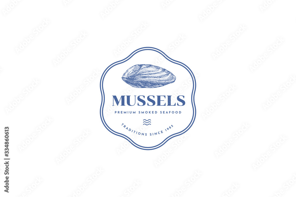 Hand-drawn mussel shell vector illustration. Logo template for a menu ...