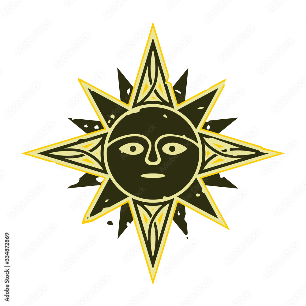 Yellow and black ink sun compass. Can represent navigation, ancient ...