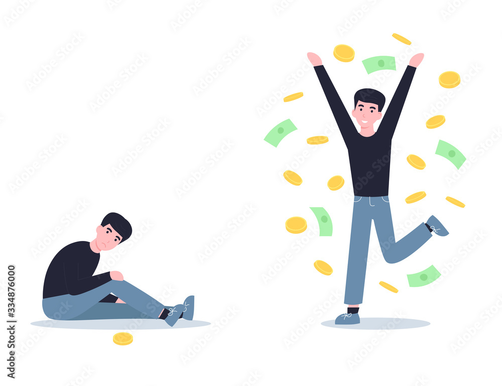 Poor and rich man. Broke and wealth character. Money rain concept. Flat ...