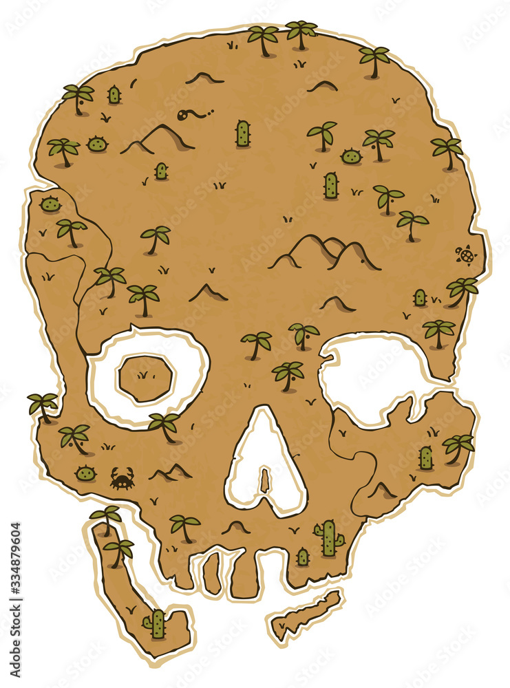 Vector skull-shaped treasure island map with palm trees, mountains and ...