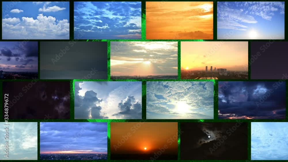 4K many monitor screen of cloudy sunrise, sunset and storm with climate ...