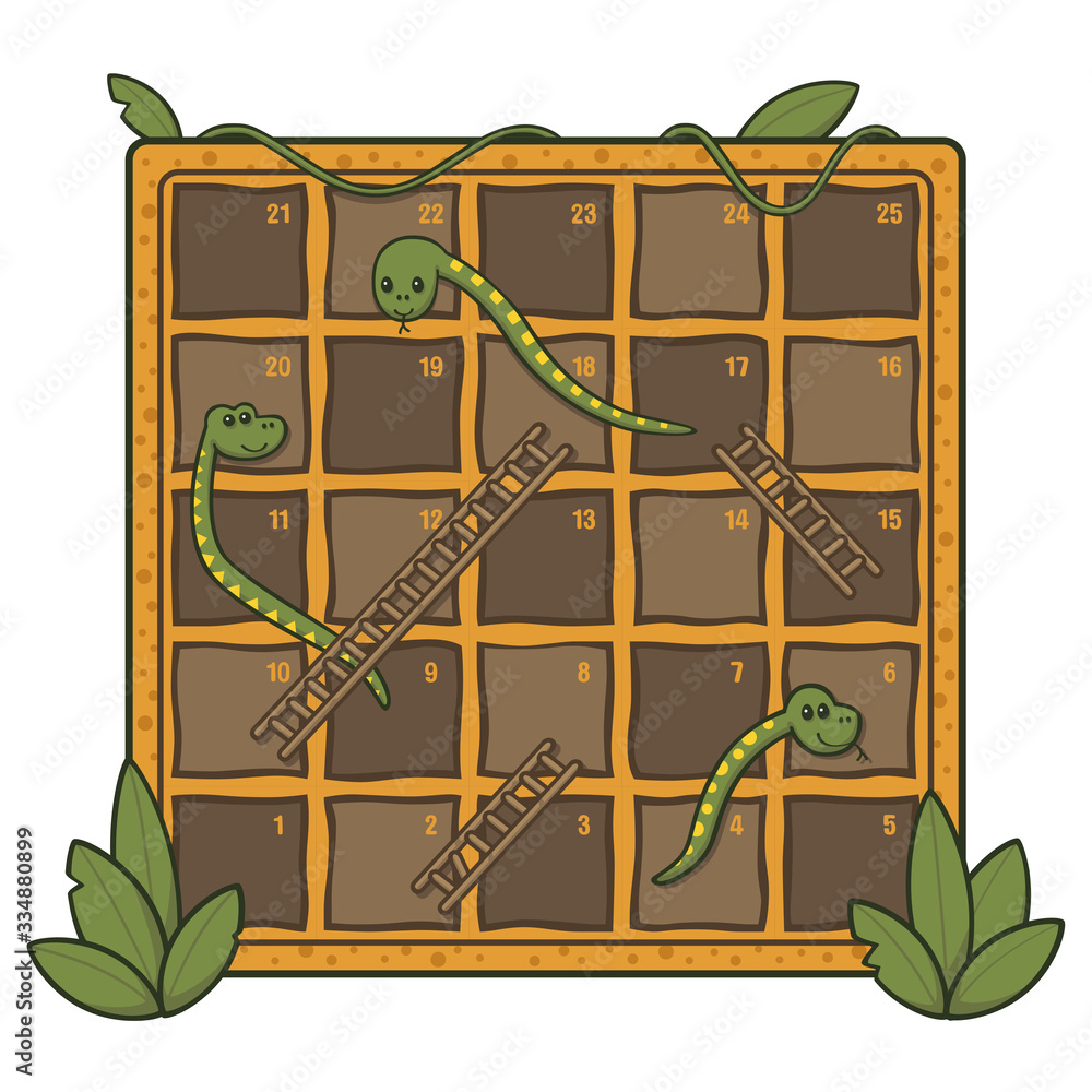 Vector drawing of a cute snakes and ladders game. Includes 3 snakes on ...