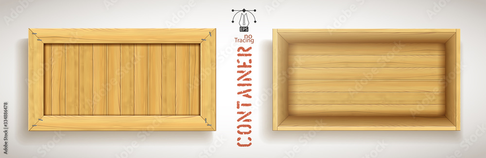 Wood crate top view with open lid. Realistic mockup for cargo delivery ...