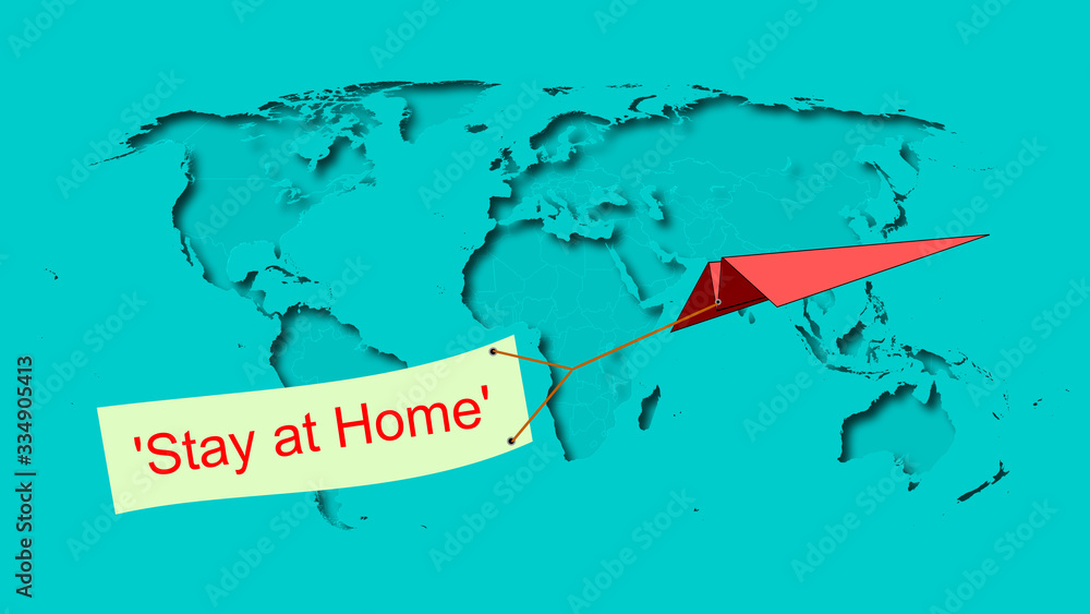 Stay at home. Illustration of a paper plane with an announcer poster on ...