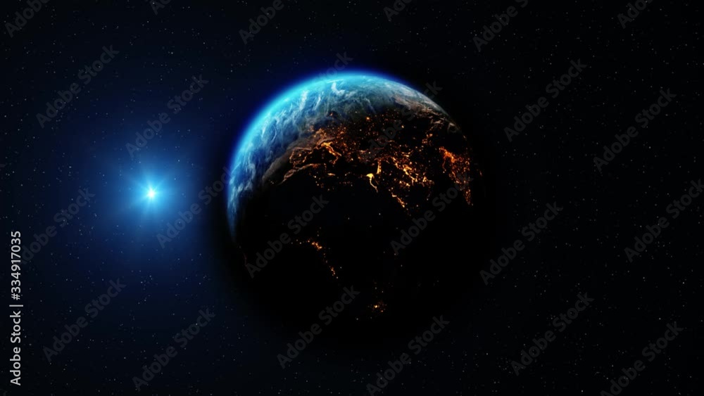 Space view of the Sun Rising over planet Earth Rotating going from ...