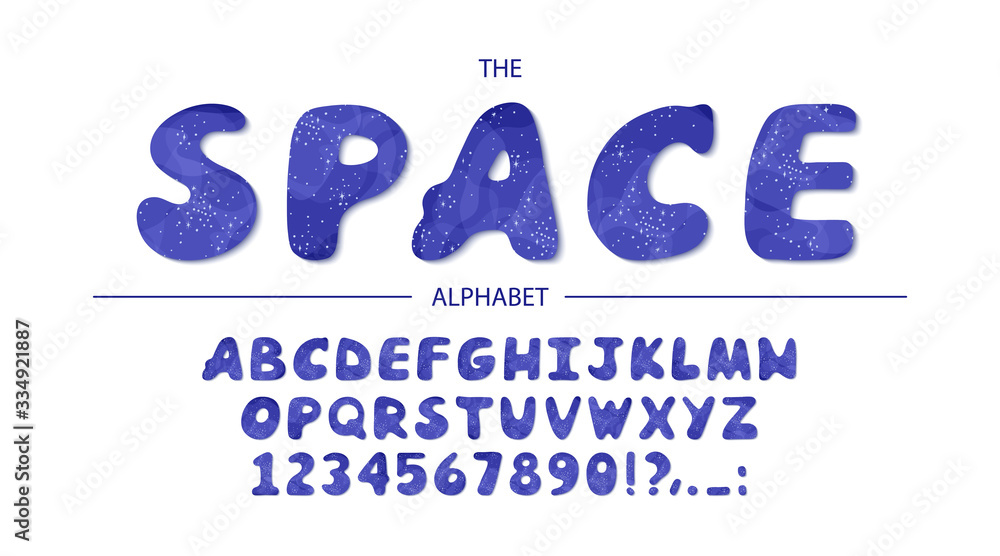 Space alphabet with shining capital letters and numbers isolated on a ...