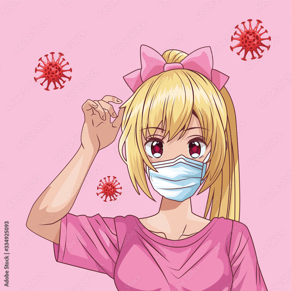 beautiful woman with face mask and covid19 particles anime style Stock ...