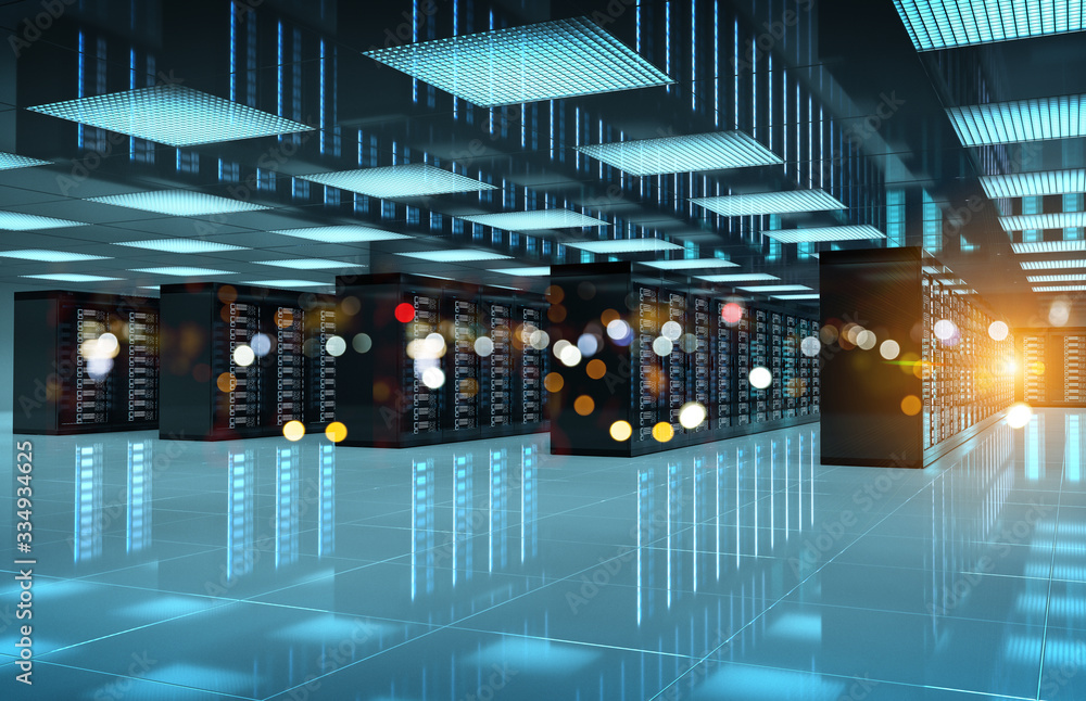 Servers data center room with bright bokeh light going through the ...