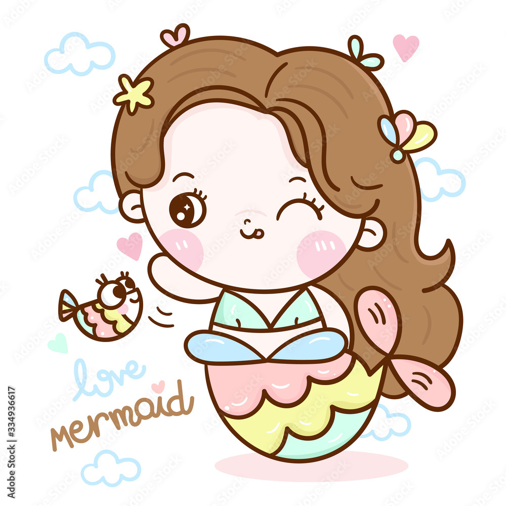 Cute mermaid vector girl cartoon Kawaii character fairytale pastel ...