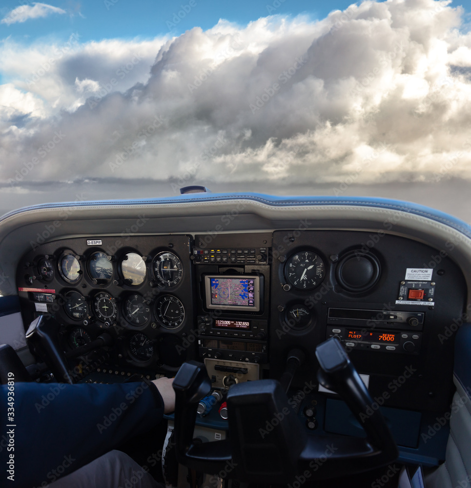 View from the cockpit of a single-engine small aircraft. Threatening ...