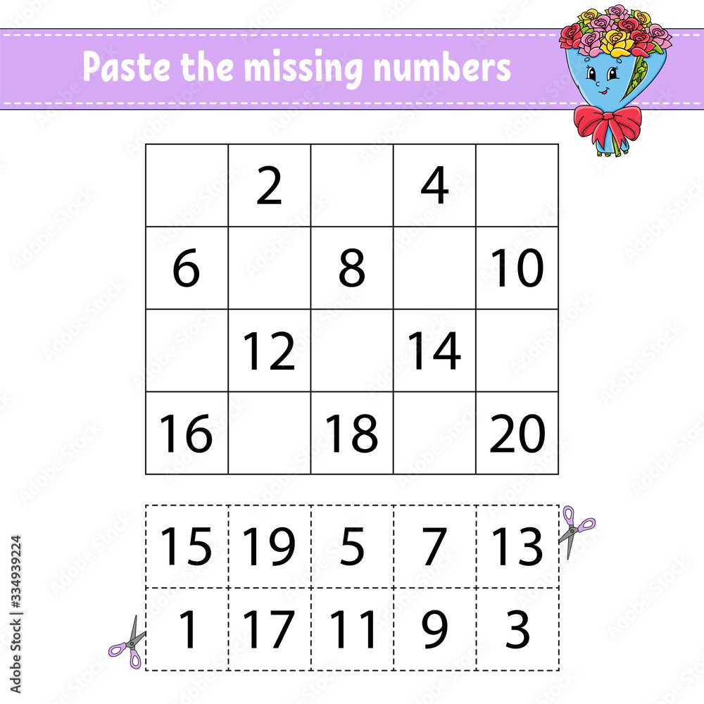 Paste the missing numbers 1-20. Game for children. Handwriting practice ...