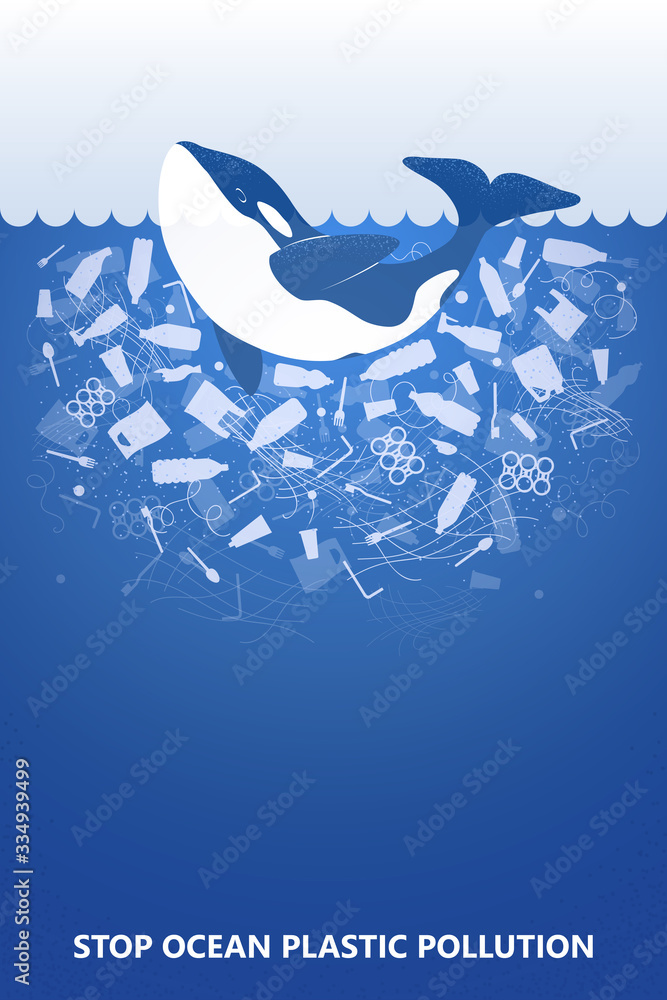 Stop ocean plastic pollution. Ecological poster Orca in water with ...