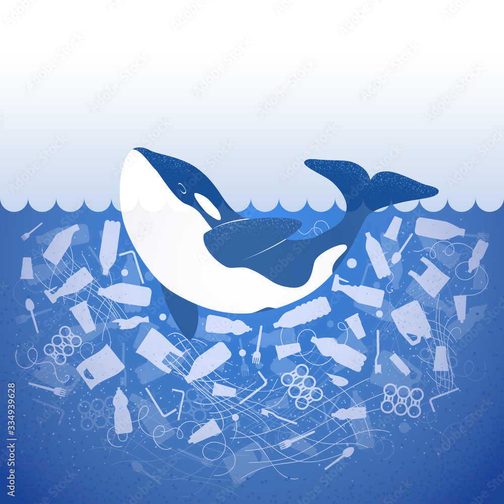 Stop ocean plastic pollution. Ecological poster orca in water with ...