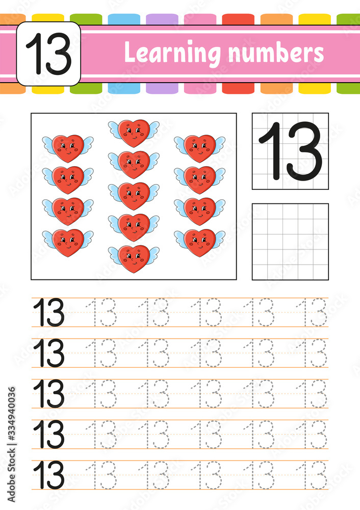 Number 13. Trace and write. Handwriting practice. Learning numbers for ...