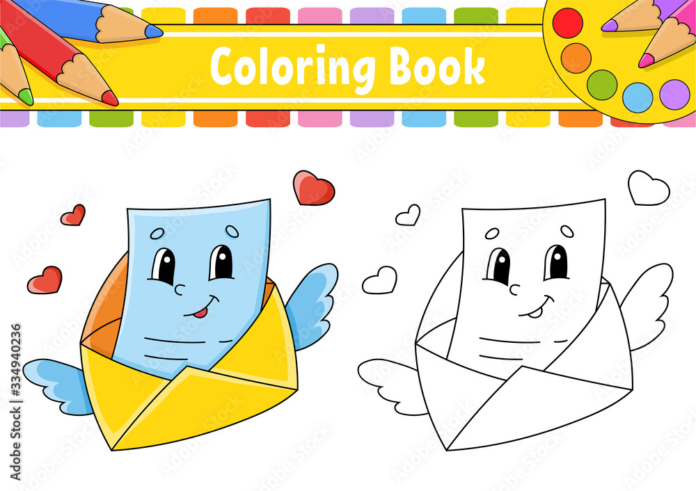 Coloring book for kids. Flying open envelope with wings and a letter ...